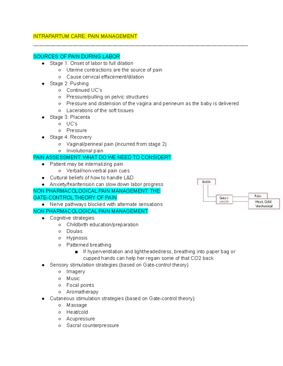 OB notes week 4 - INTRAPARTUM CARE: PAIN MANAGEMENT - INTRAPARTUM CARE ...