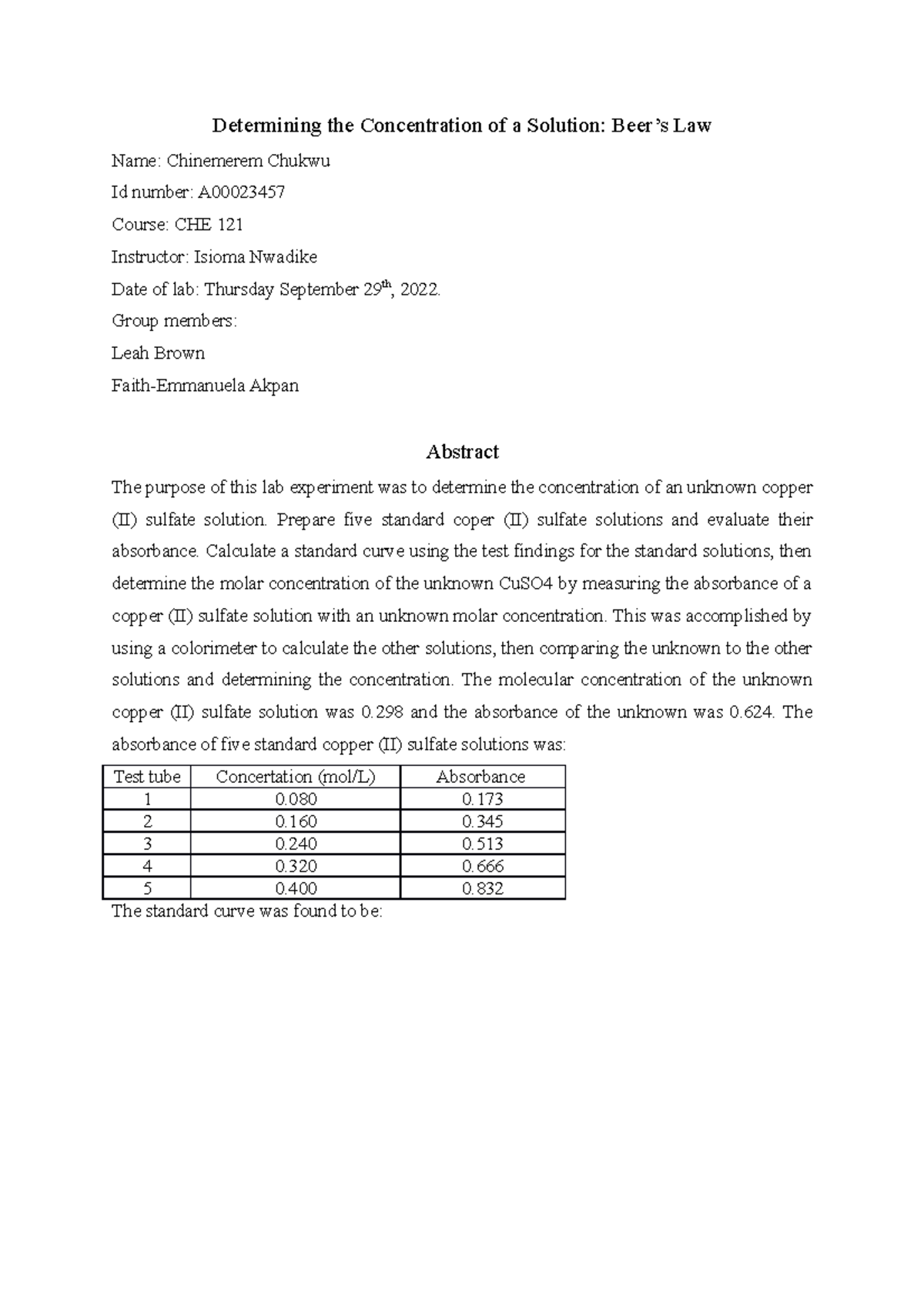 Determining the Concentration of a Solution - Group members: Leah Brown ...