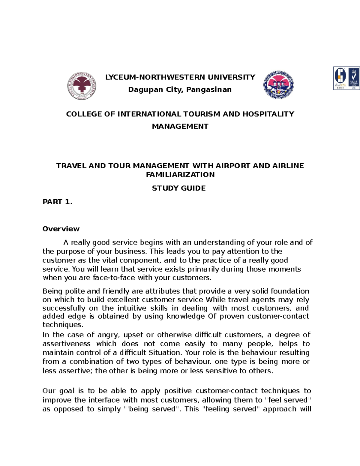 Travel and tour mgmt studyguide 1 - LYCEUM-NORTHWESTERN UNIVERSITY ...