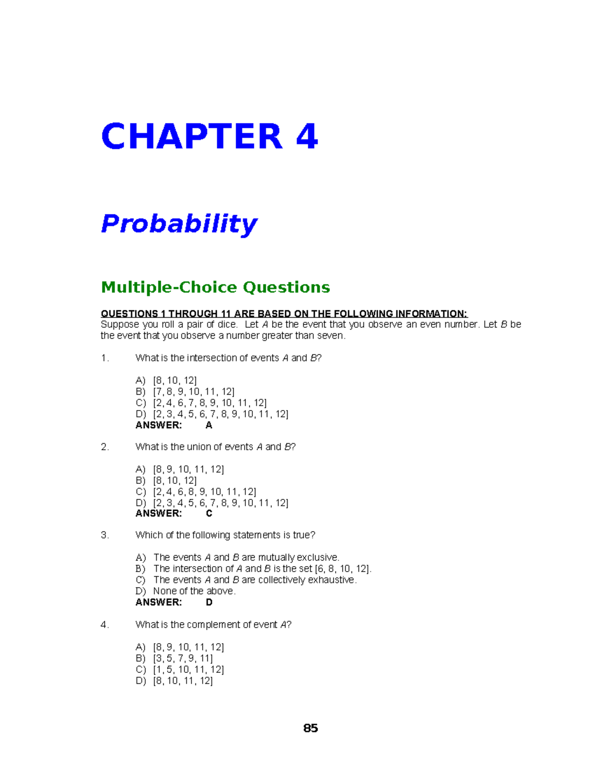 Dokumen - Multiple choice - CHAPTER 4 Probability Multiple-Choice ...