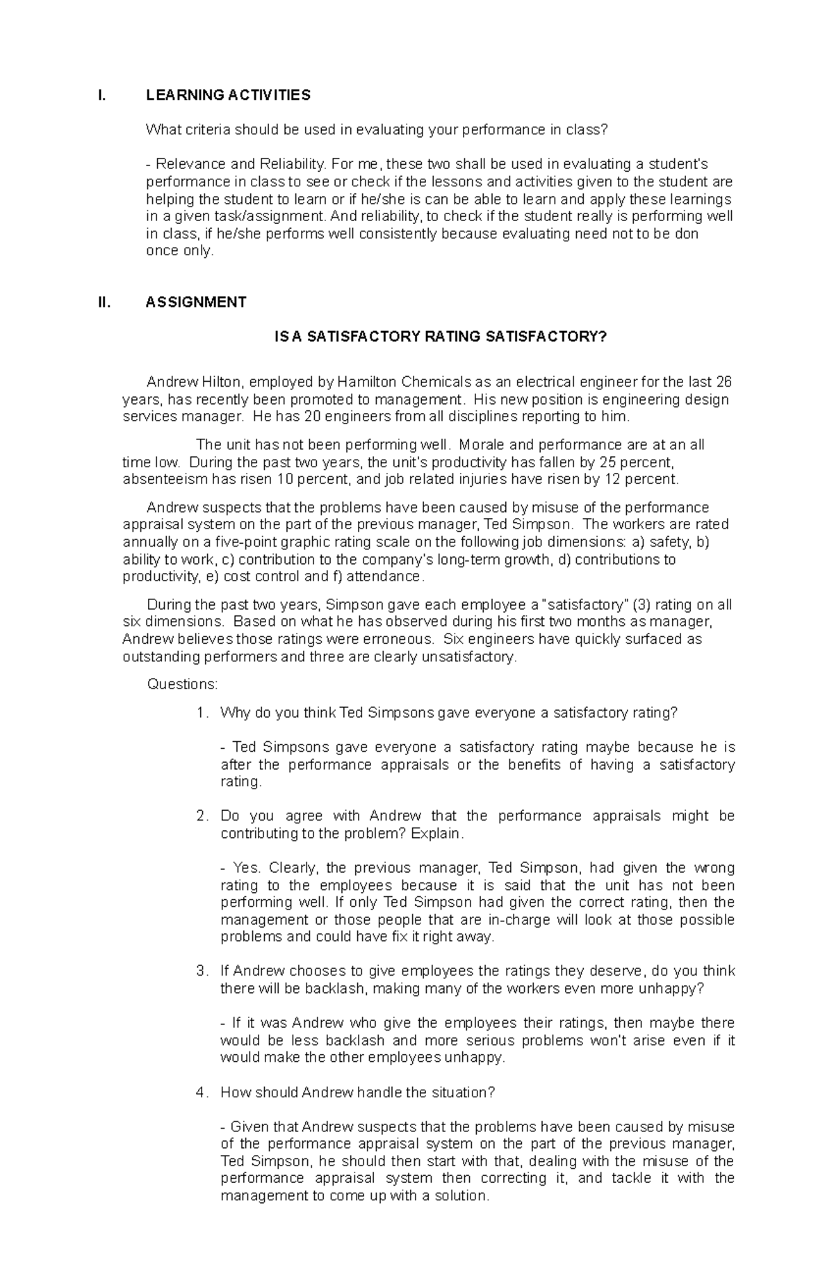 MGT3- Module 8 (case study - IS A Satisfactory Rating Satisfactory) - I. LEARNING ACTIVITIES ...