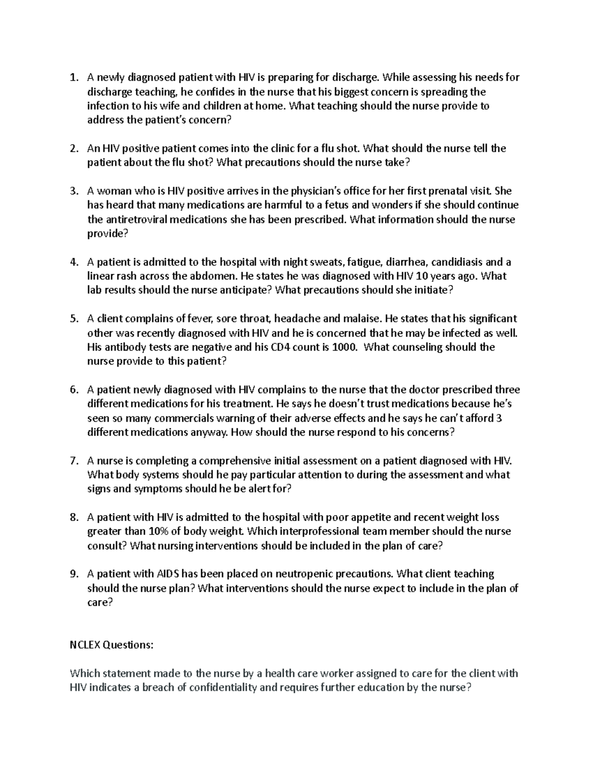 HIV Review Nursing Plan of Care - A newly diagnosed patient with HIV is ...