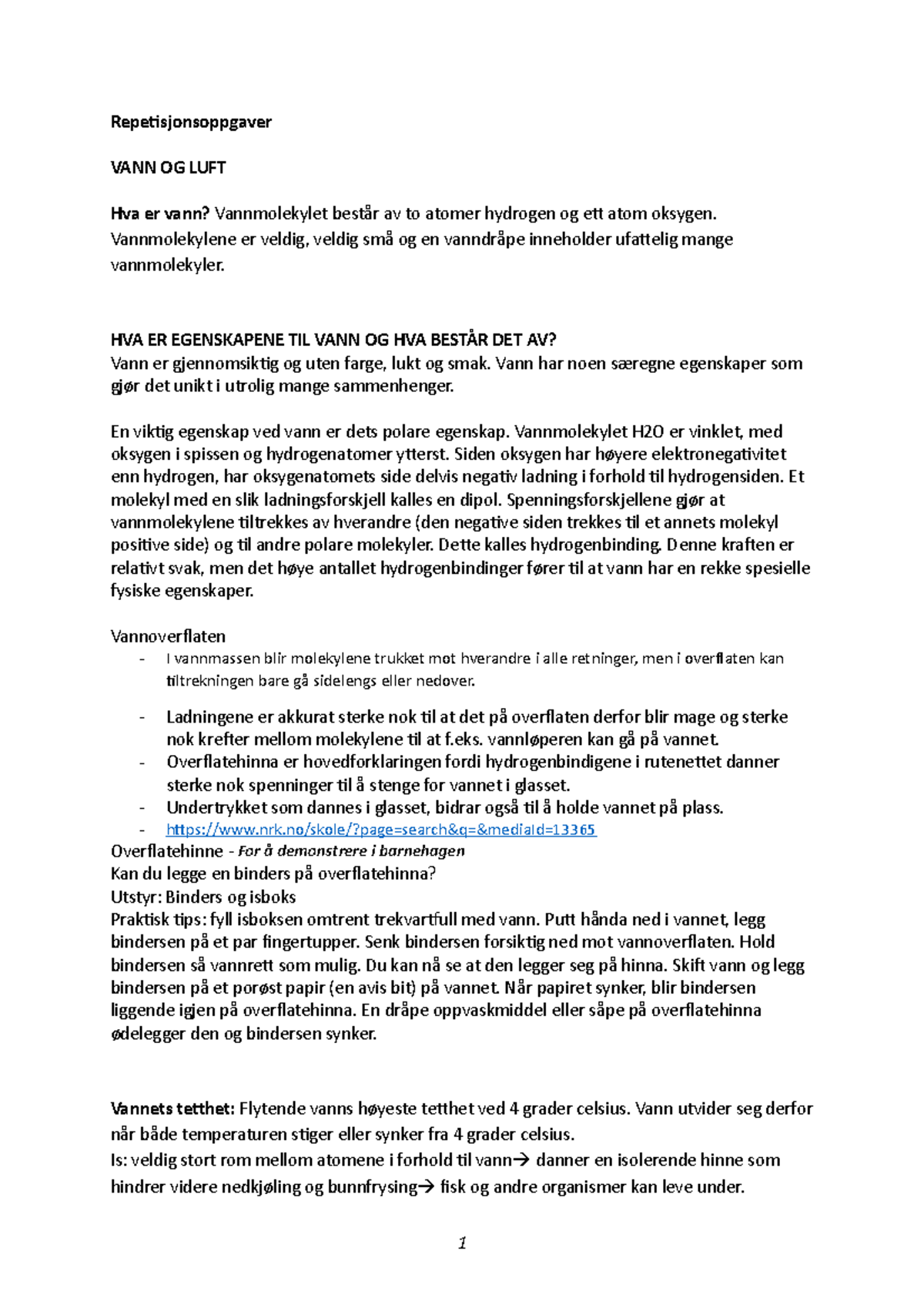 Naturfag eksamen - Sammendrag Natur, helse og bevegelse - Repetisjonsoppgaver VANN OG LUFT Hva ...