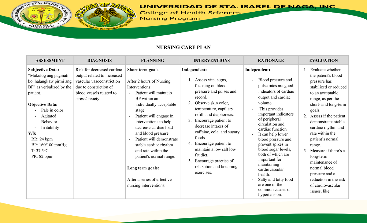 NCP - CITY Health Office - NURSING CARE PLAN .. ASSESSMENT DIAGNOSIS ...