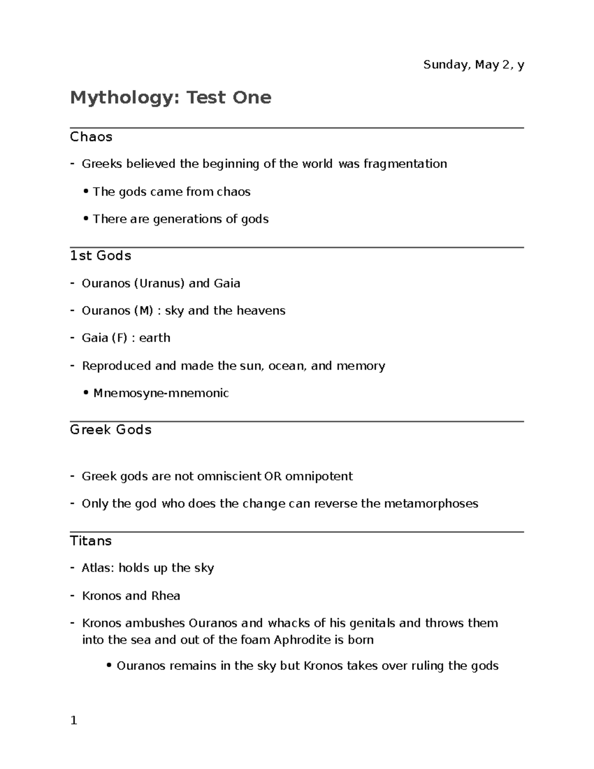 Mythology Notes Test One - Wednesday, August 28, y Mythology: Test One ...