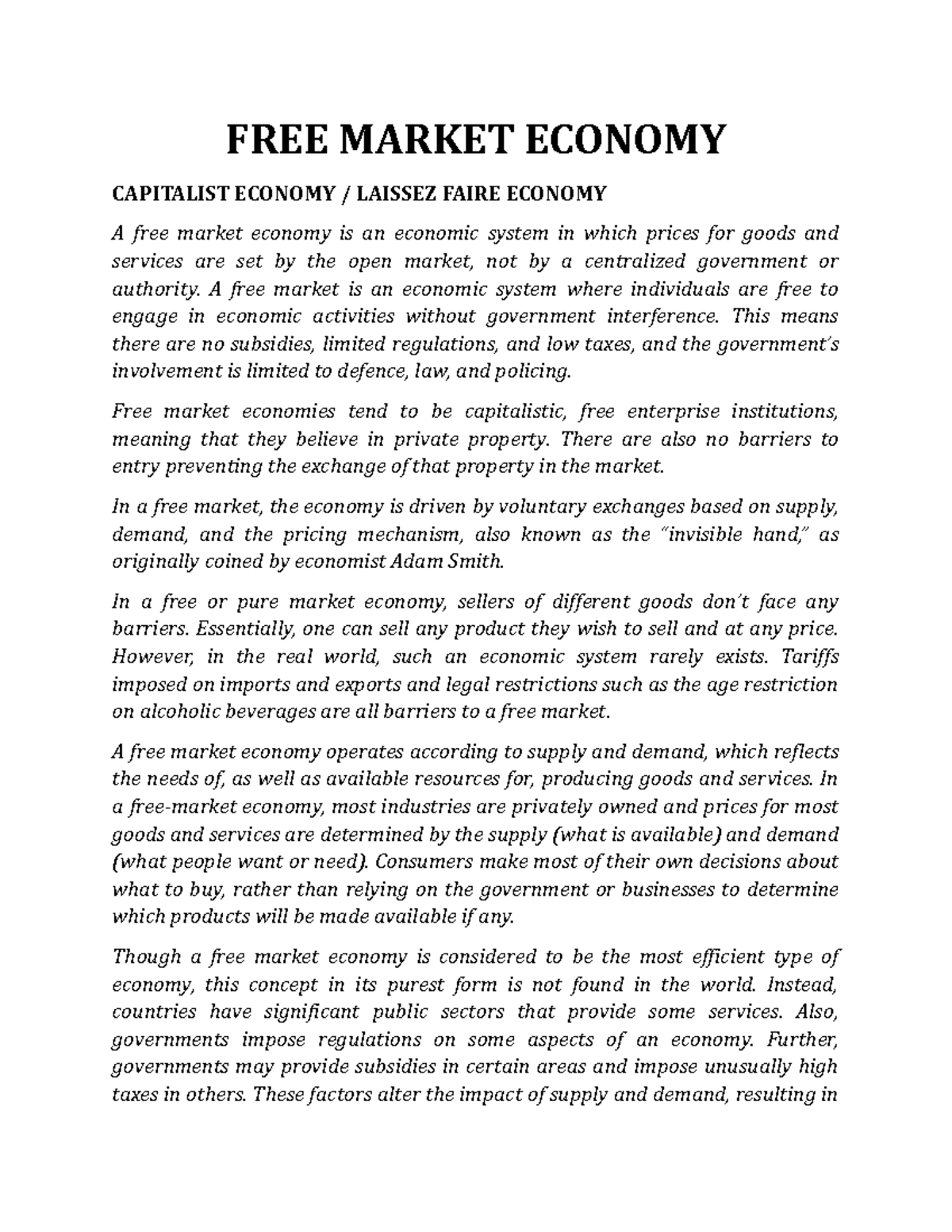 FREE, Centrally, Mixed - FREE MARKET ECONOMY CAPITALIST ECONOMY ...