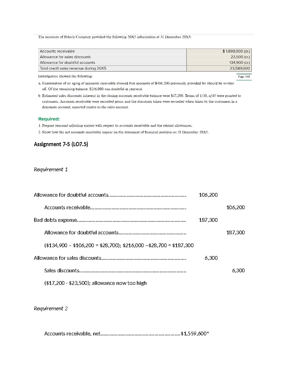 Textbook Ch. 7 solutions - Assignment 7-5 (LO7) Requirement 1 Allowance ...