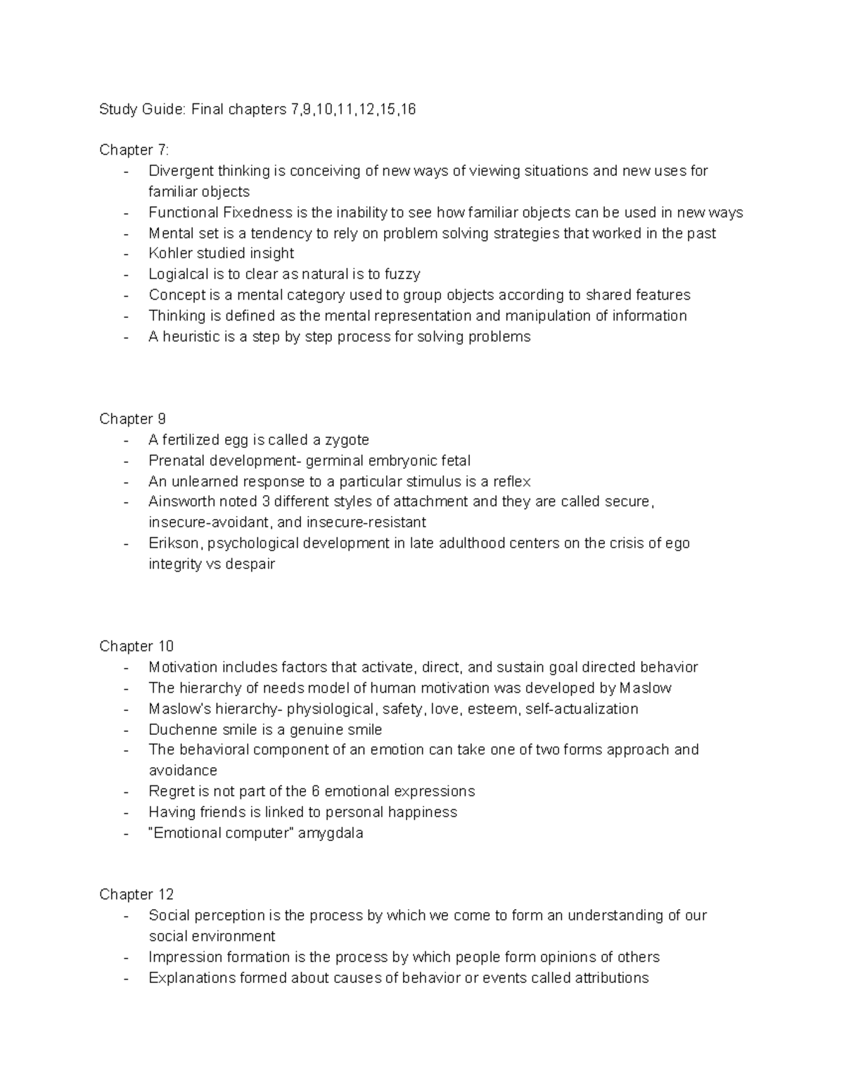 Introduction to Psych - Study Guide for Chapters 7-16 - Study Guide ...