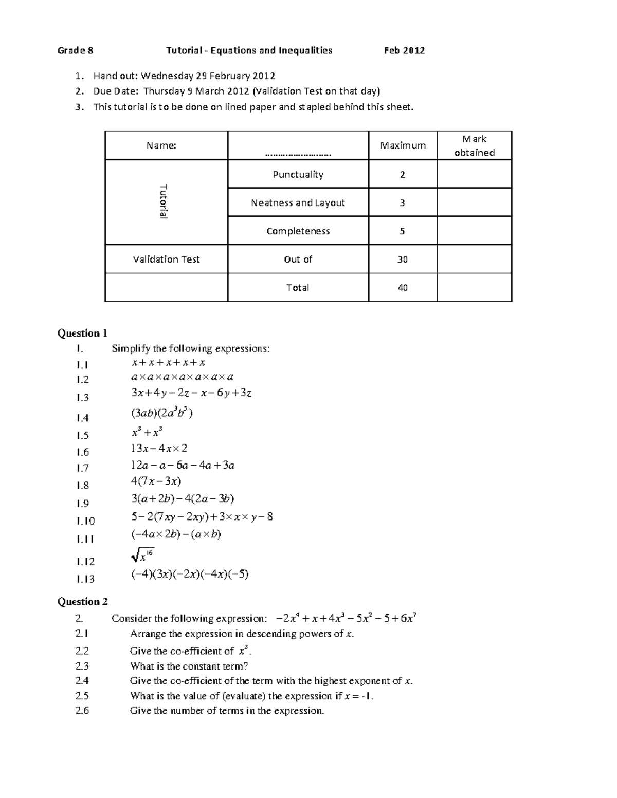 G8Tut Algebra Feb 2012 - Grade 8 Tutorial - Equations and Inequalities ...