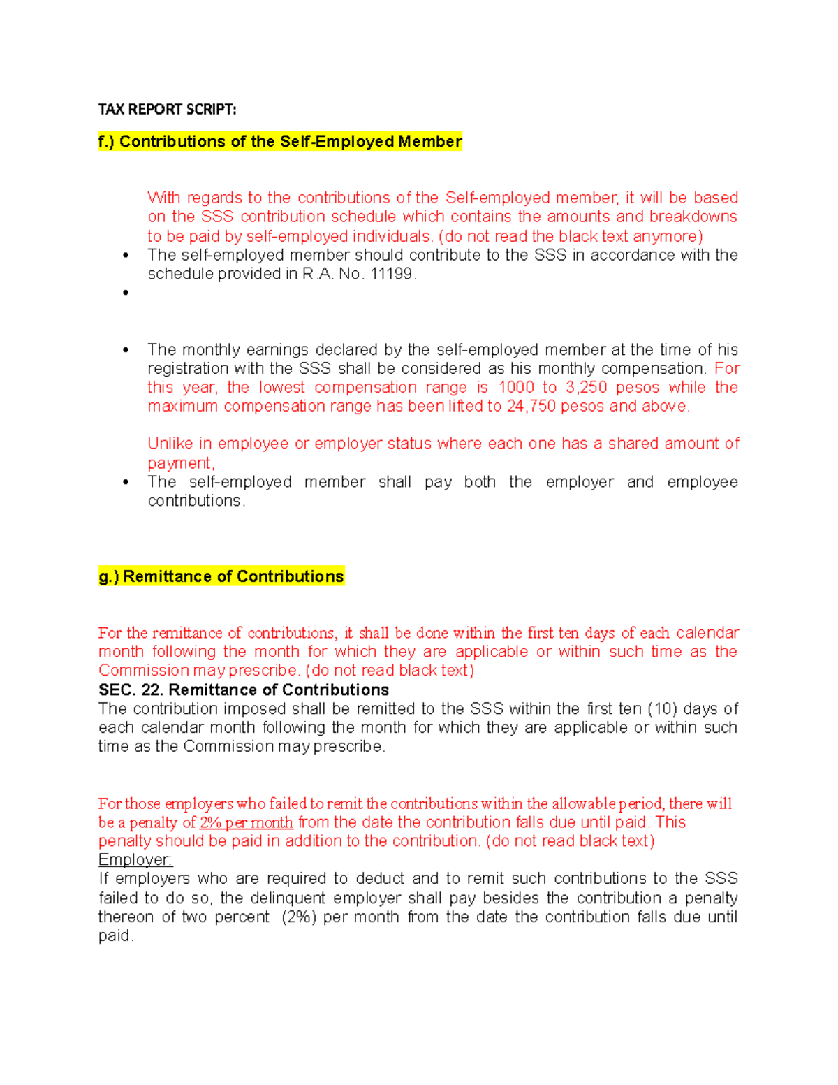 TAX Report Script - TAX REPORT SCRIPT: f.) Contributions of the Self ...