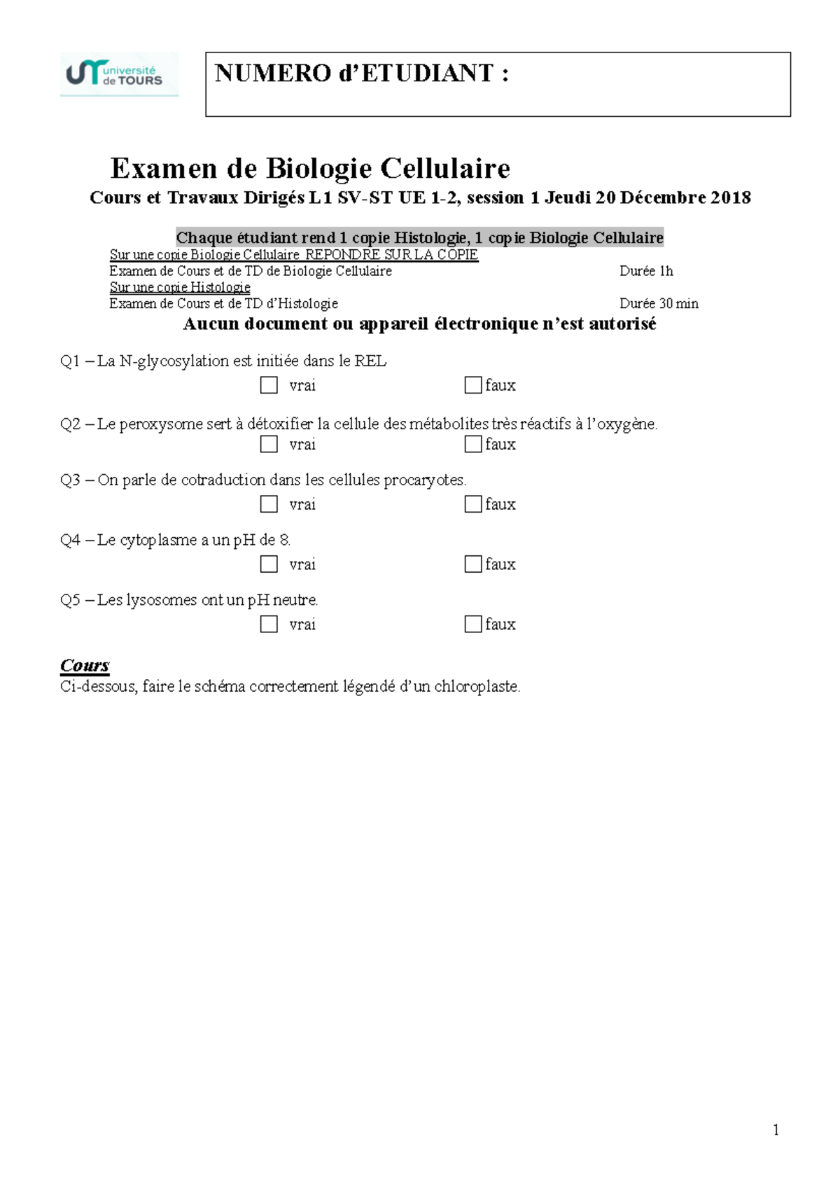 L1 S1 Bio cell Exam Dec 2018 - Examen de Biologie Cellulaire Cours et Travaux Dirigés L1 SV-ST ...