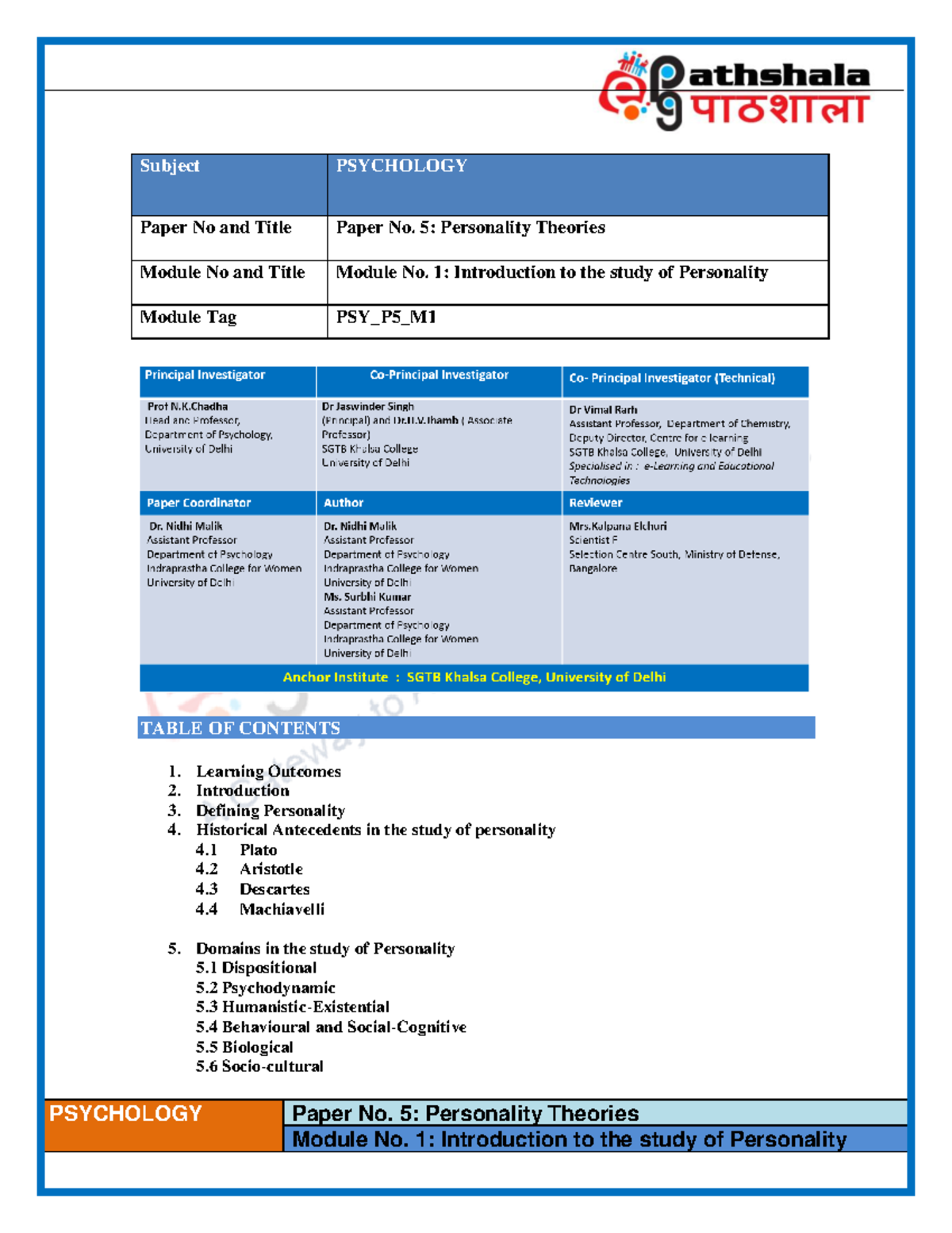 1566279811 PSY P5 M1 e-text - PSYCHOLOGY Paper No. 5: Personality ...