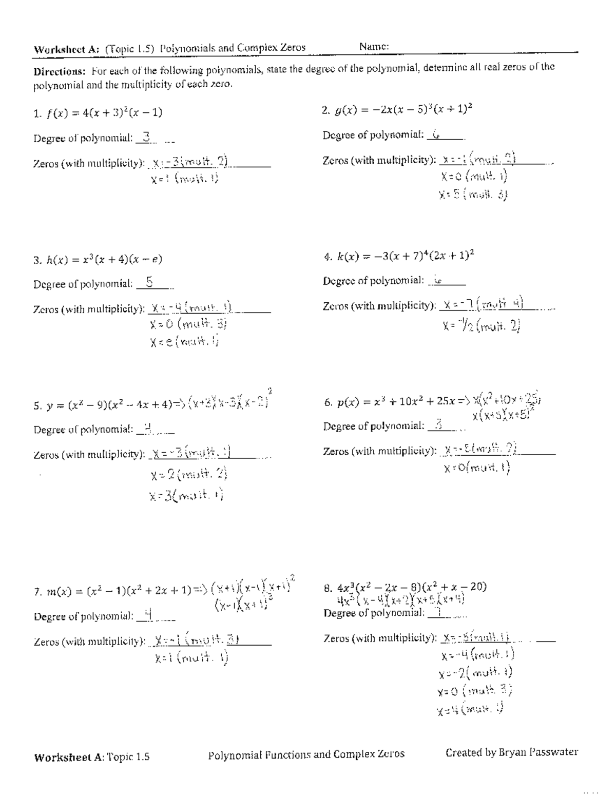 Homework Solutions 1.5 Polynomial Functions and Complez Zeros - Worksheet A: (Topic 1 ...