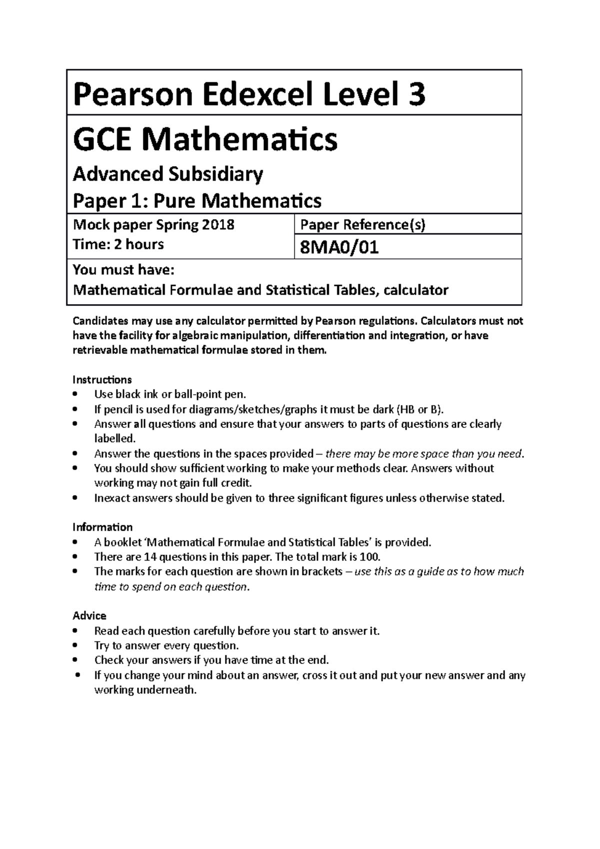 Year 1 specimen paper- PURE - Pearson Edexcel Level 3 GCE Mathematics Advanced Subsidiary Paper ...