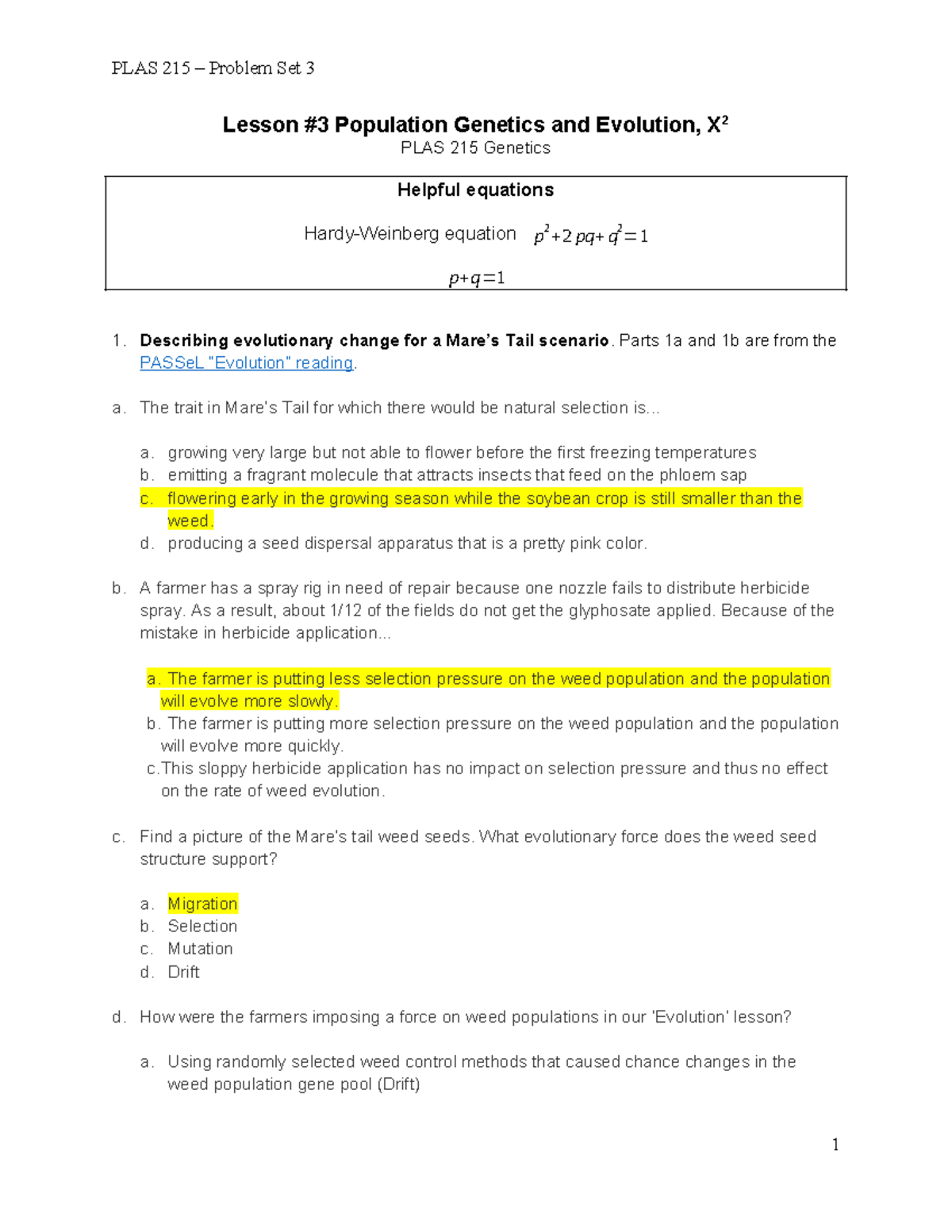 Prob set 3 - genetics - Lesson #3 Population Genetics and Evolution, X ...