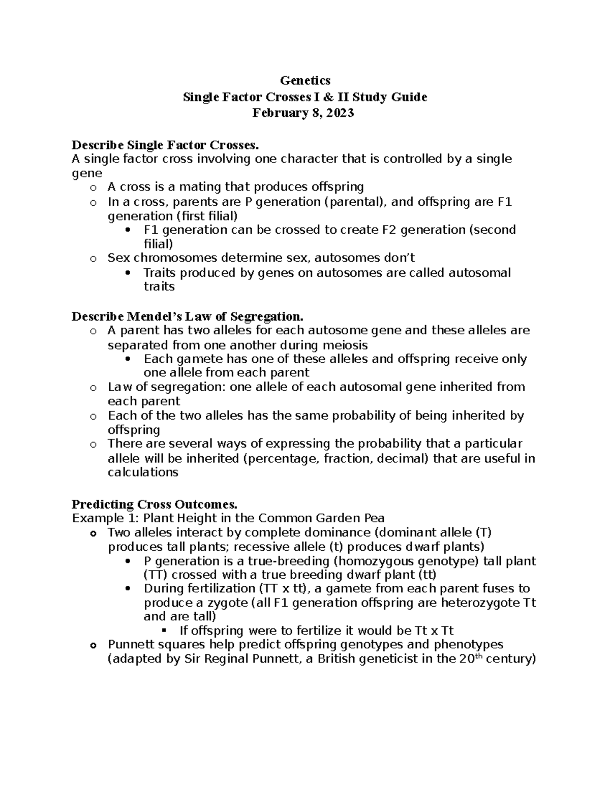 Single Factor Crosses I Study Guide - Genetics Single Factor Crosses I ...