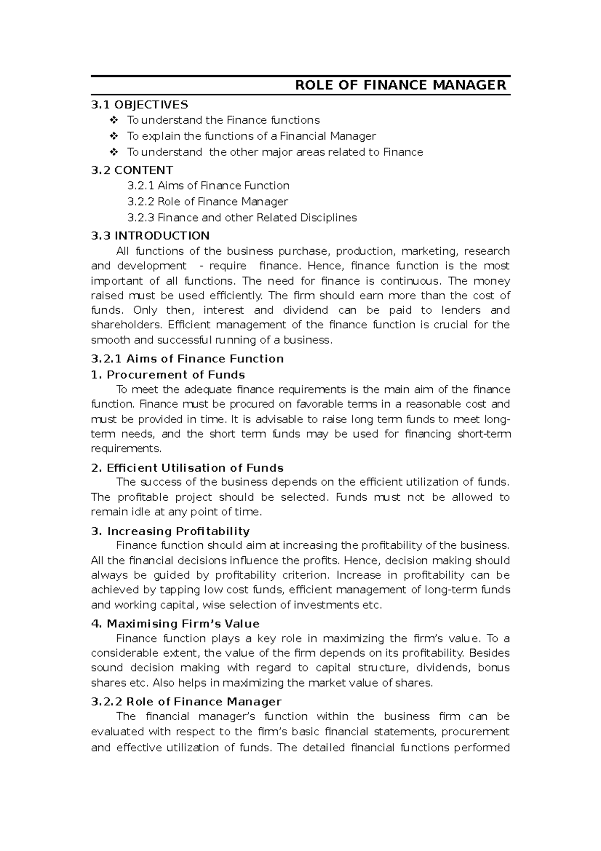 ROLE OF Finance Manager - ROLE OF FINANCE MANAGER 3 OBJECTIVES To ...
