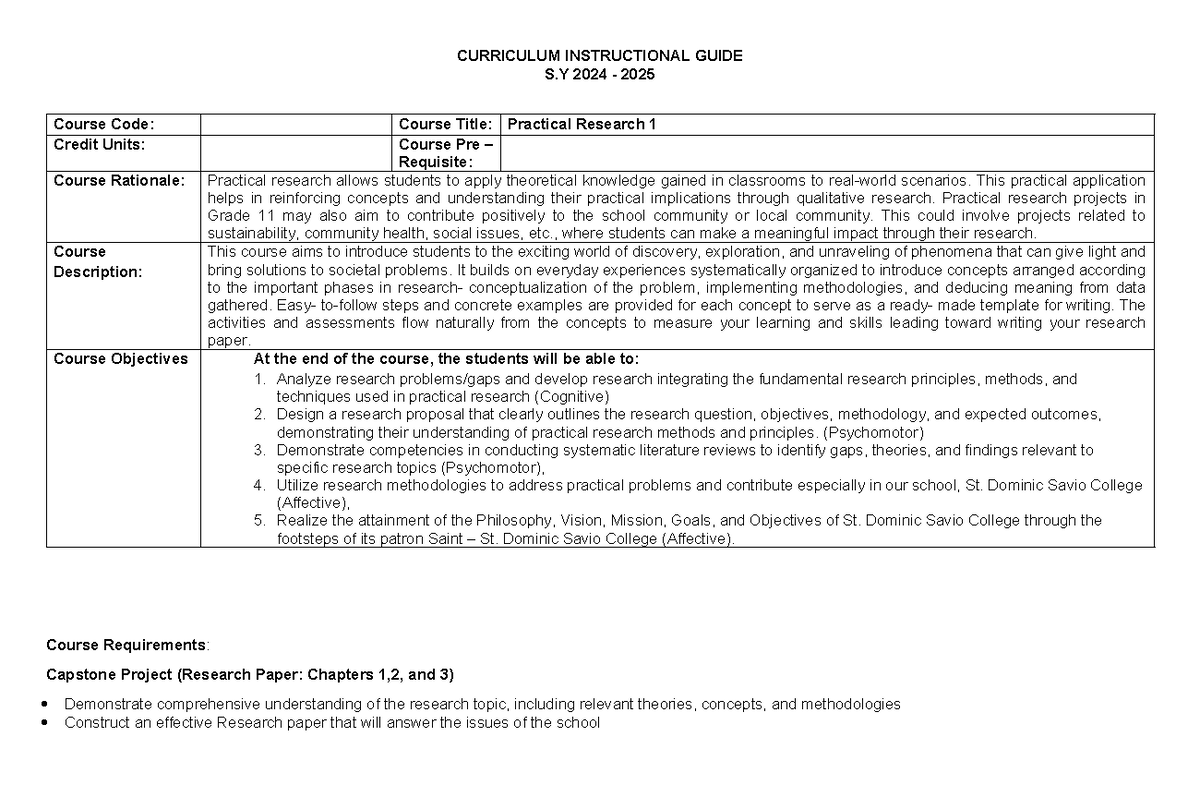 Curriculum Instructional Guide for Practical Research (Grade 11 ...