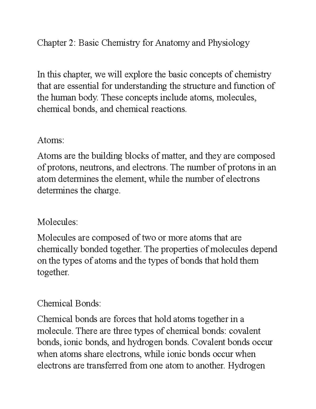 Anatomy and Physiology II BIOL 1693 2 - Chapter 2: Basic Chemistry for ...