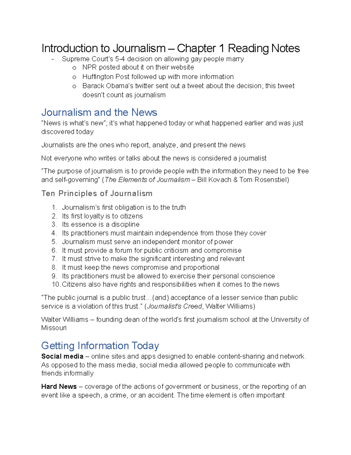 JOUR 275 Chapter 1 Notes - Introduction to Journalism – Chapter 1 ...