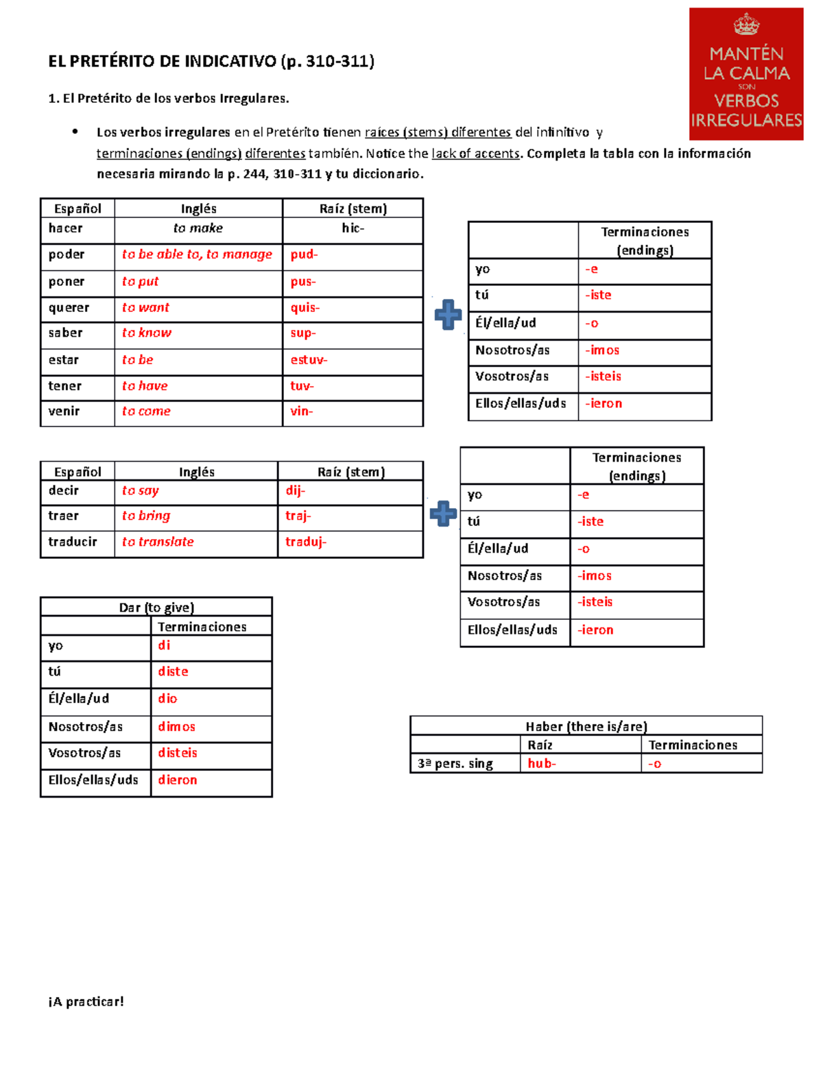 Preterito Irregulares Tarea Respuestas - EL PRETÉRITO DE INDICATIVO (p ...