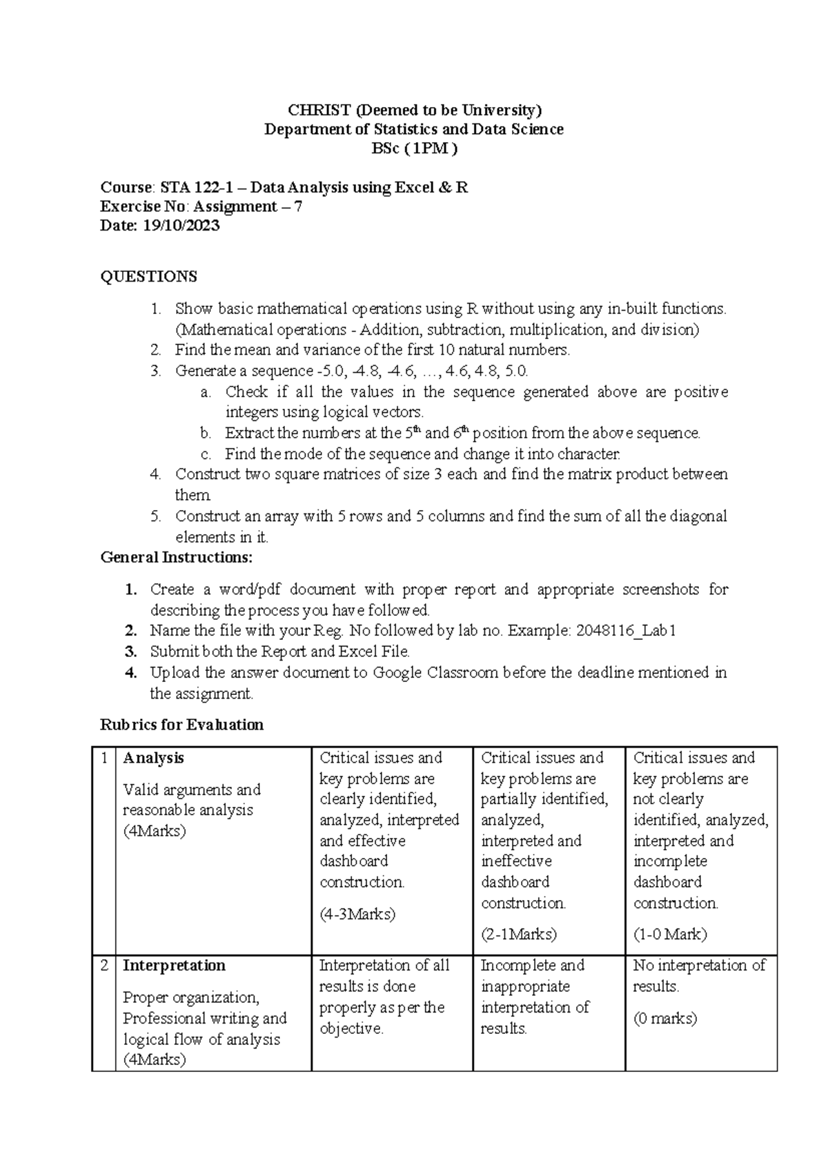 Assignment 7 - Practice questions for R programme - CHRIST (Deemed to ...