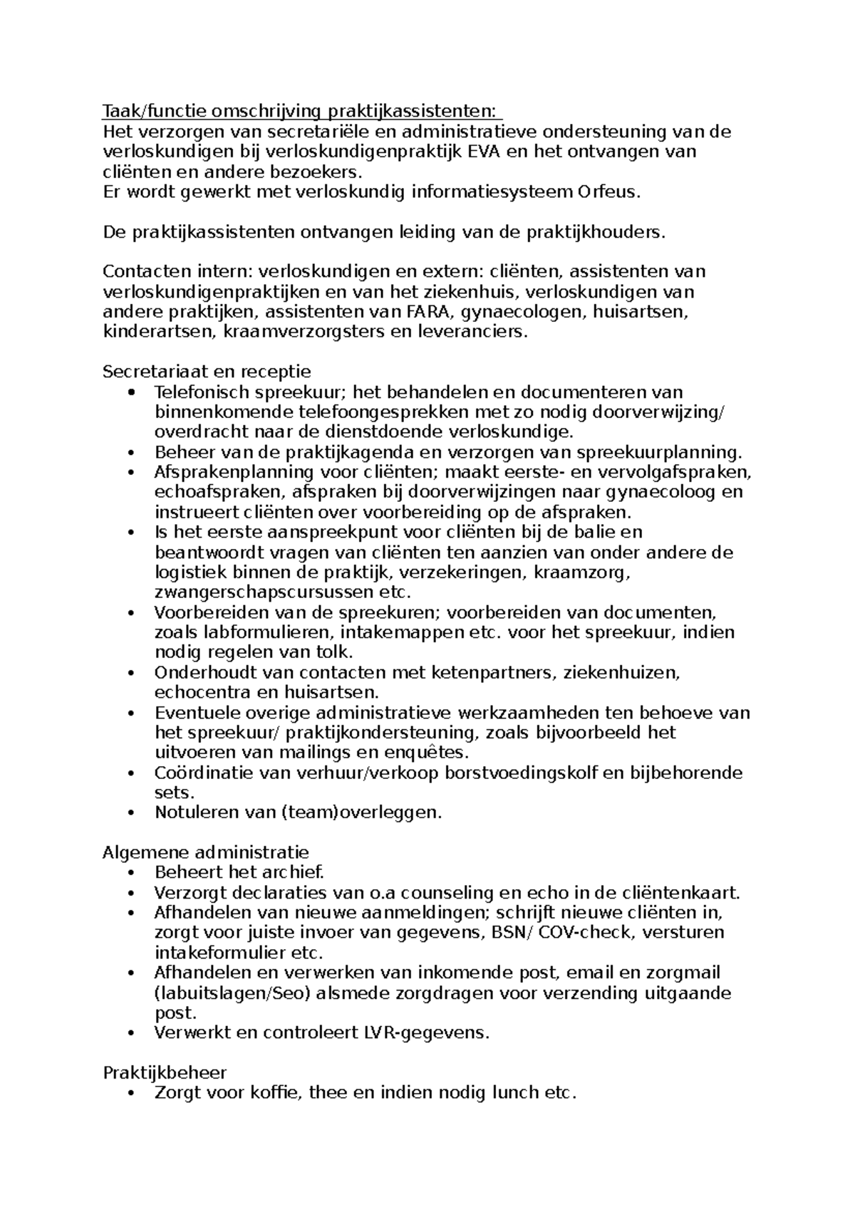 Functiebeschrijving praktijkassistente - Taak/functie omschrijving ...