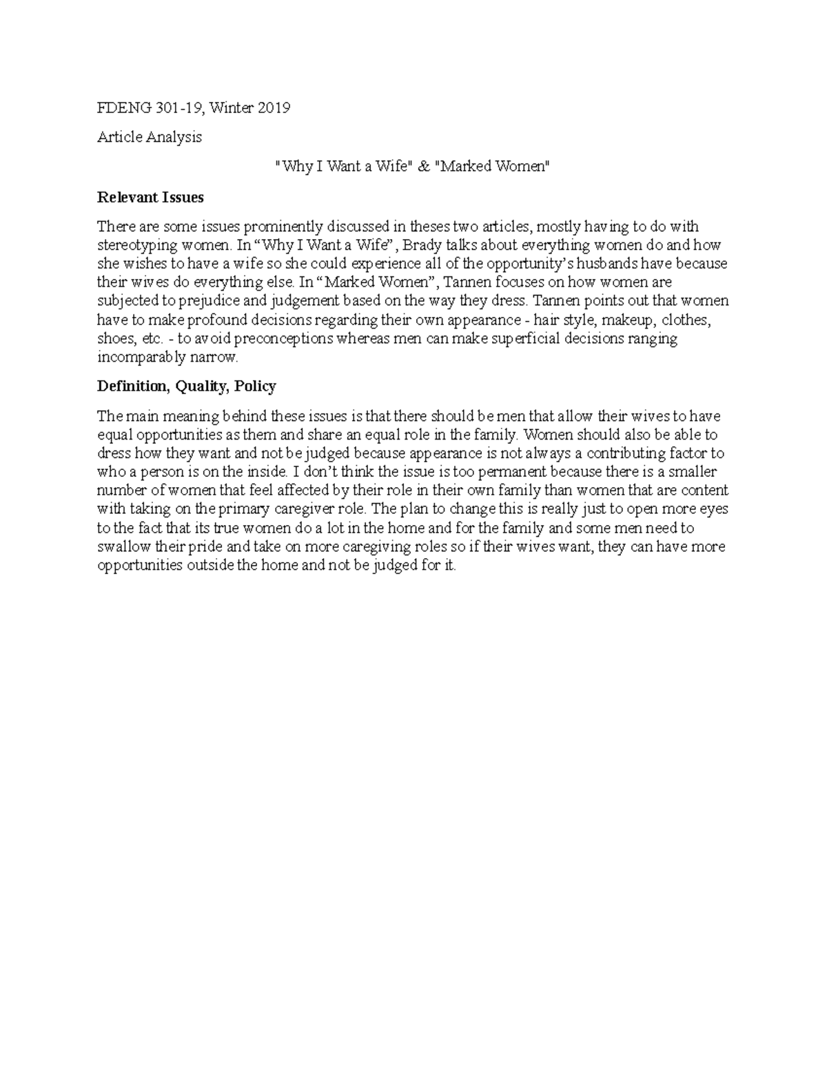 Why I Want a Wife, Marked Women - FDENG Winter 2019 Article Analysis I ...