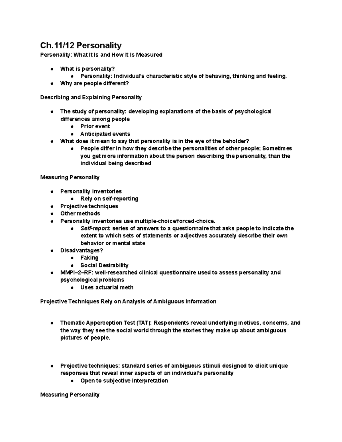 PSY 1411 Ch.11 12 Pt.1 - Part 1 of chapter 11/12 - Ch/12 Personality ...