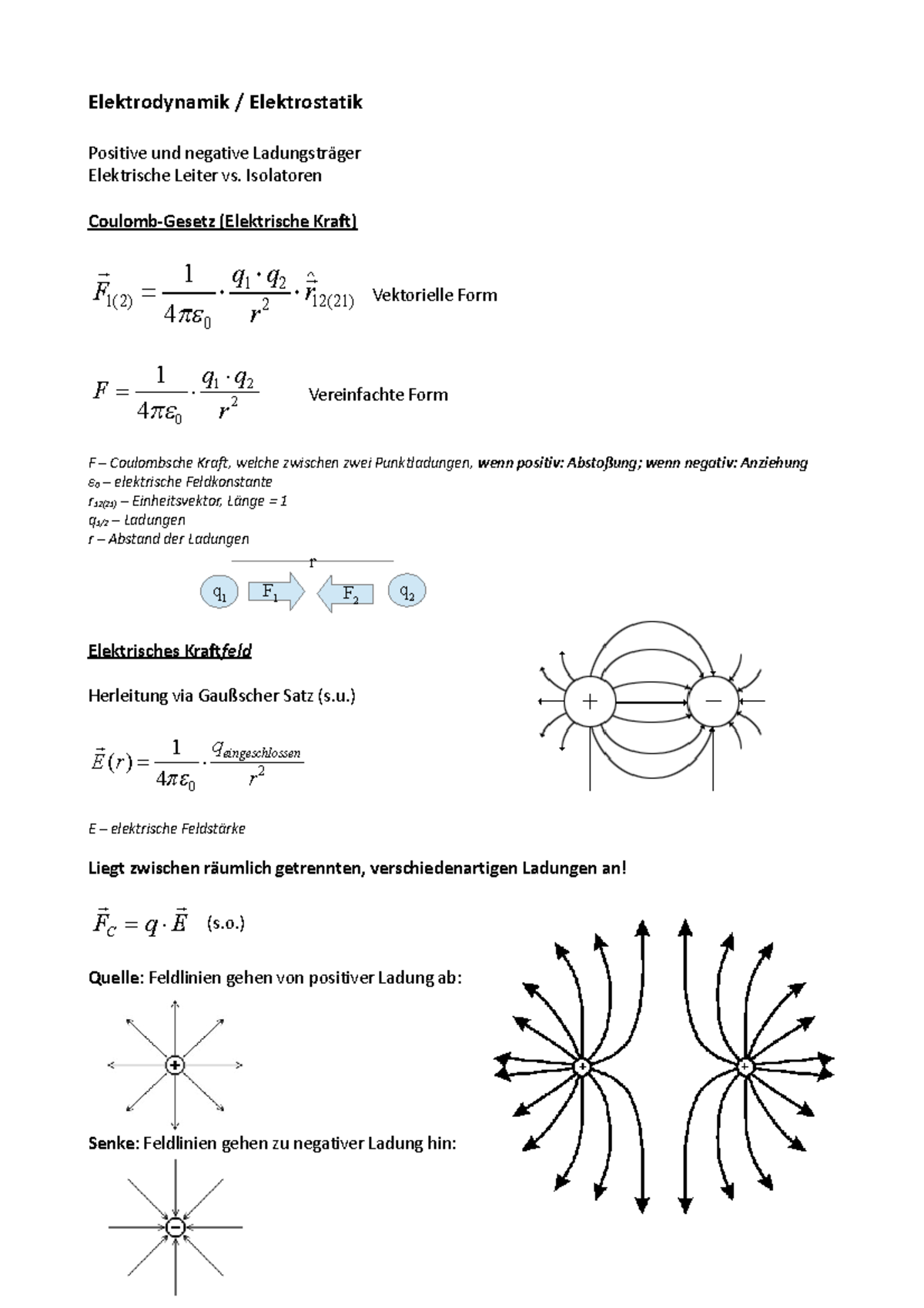 Physik 2 BBW und ERN - Formelsammlung-3 - Elektrodynamik / Elektrostatik Positive und negative ...