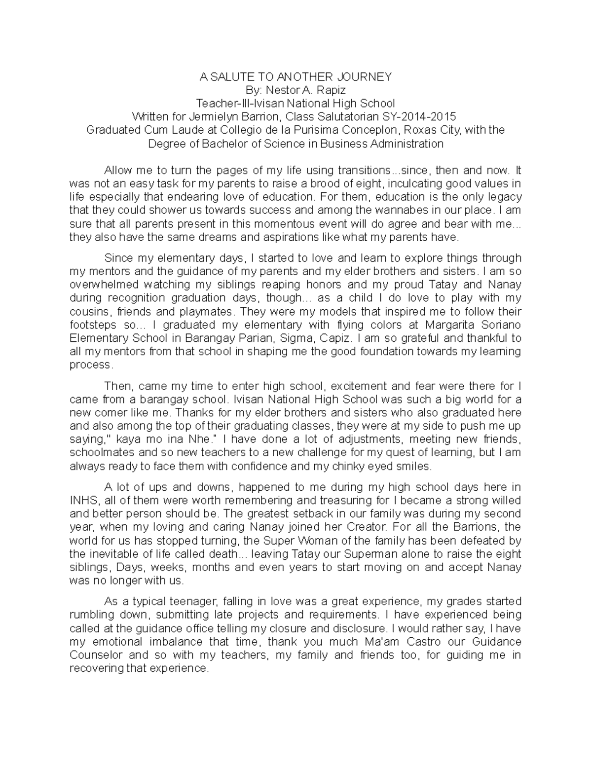 A Salute TO Another Journey - A SALUTE TO ANOTHER JOURNEY By: Nestor A ...