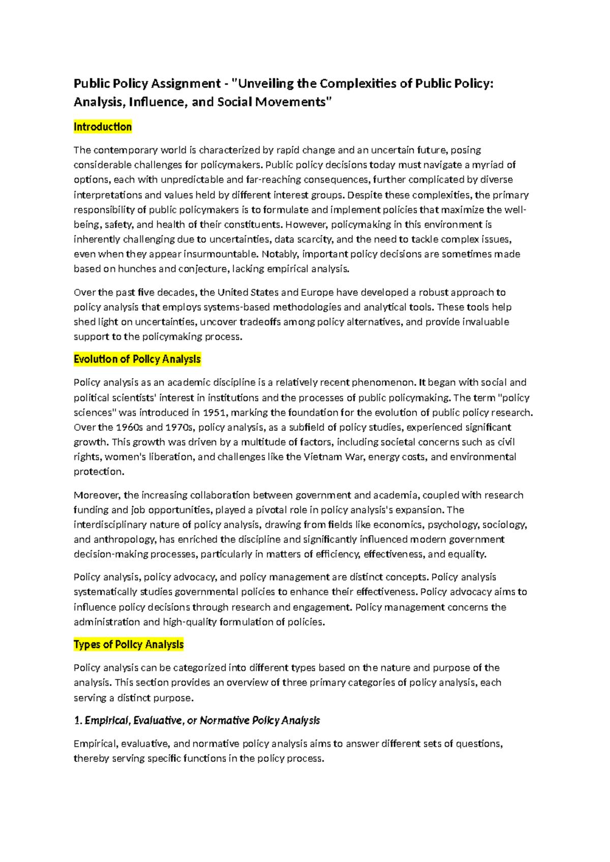 Public Policy Assignment - "Unveiling the Complexities of Public Policy: Analysis, Influence ...