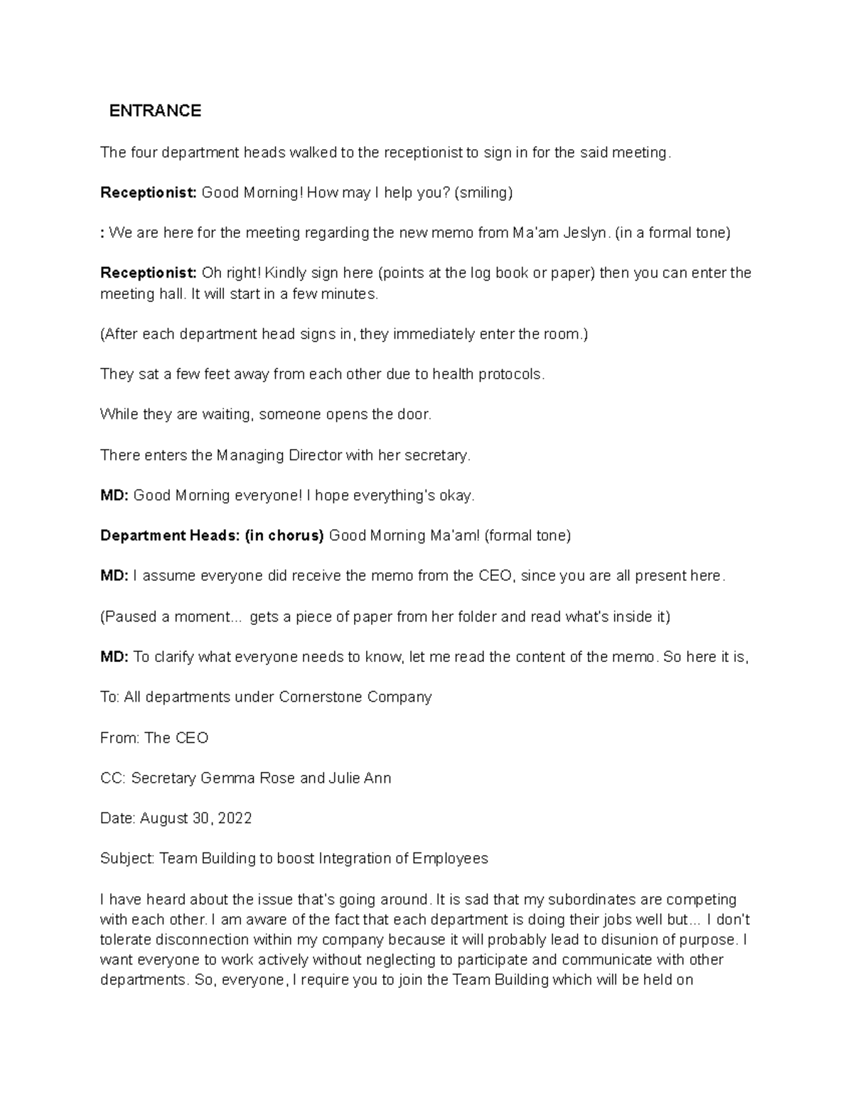 Internal Downward Communication Script - ENTRANCE The four department ...