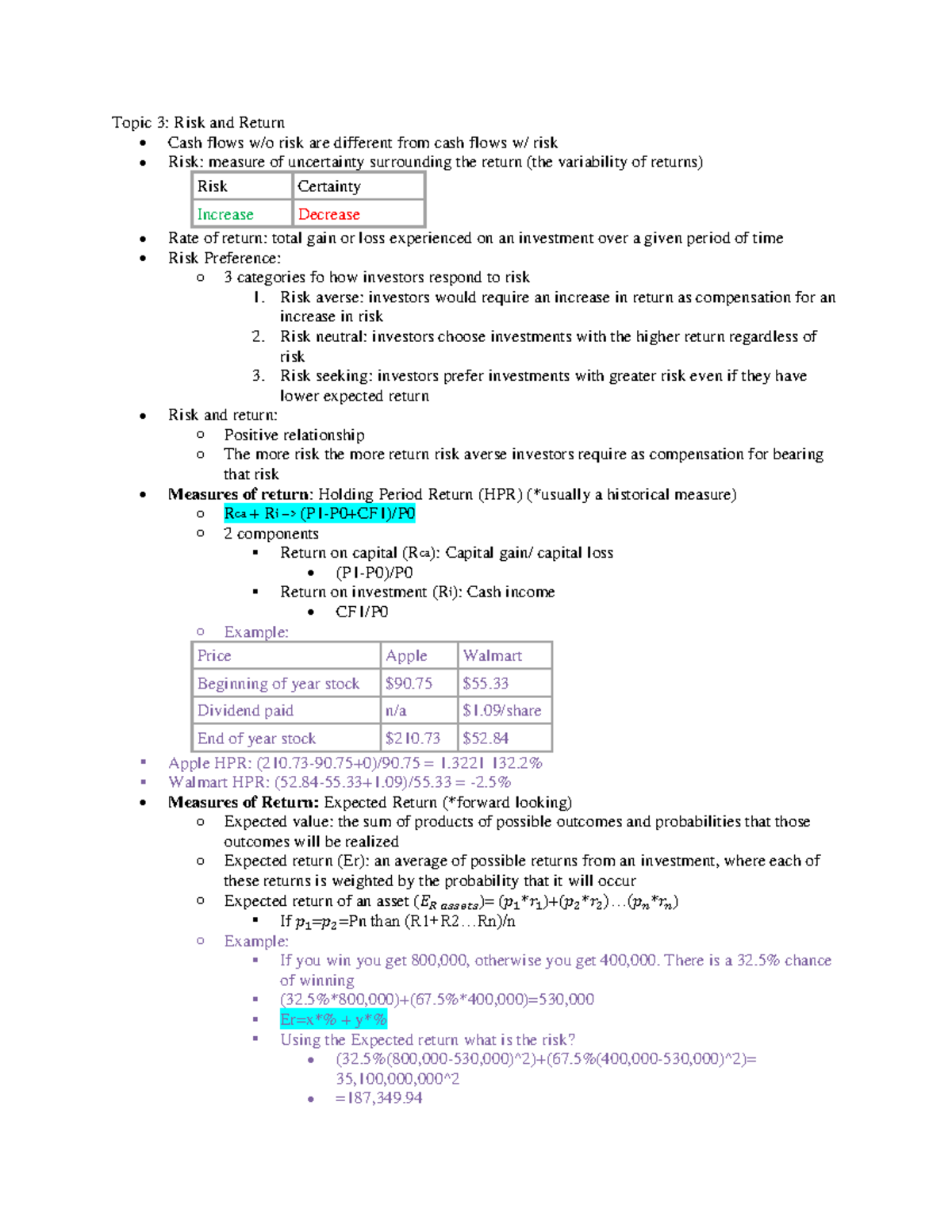Topic 3 - Topic 3: Risk and Return • Cash flows w/o risk are different ...
