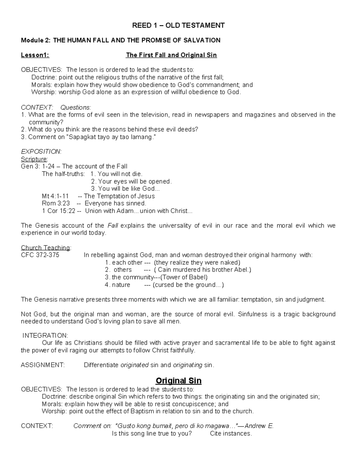 The Revelation - REED 1 – OLD TESTAMENT Module 2: THE HUMAN FALL AND ...