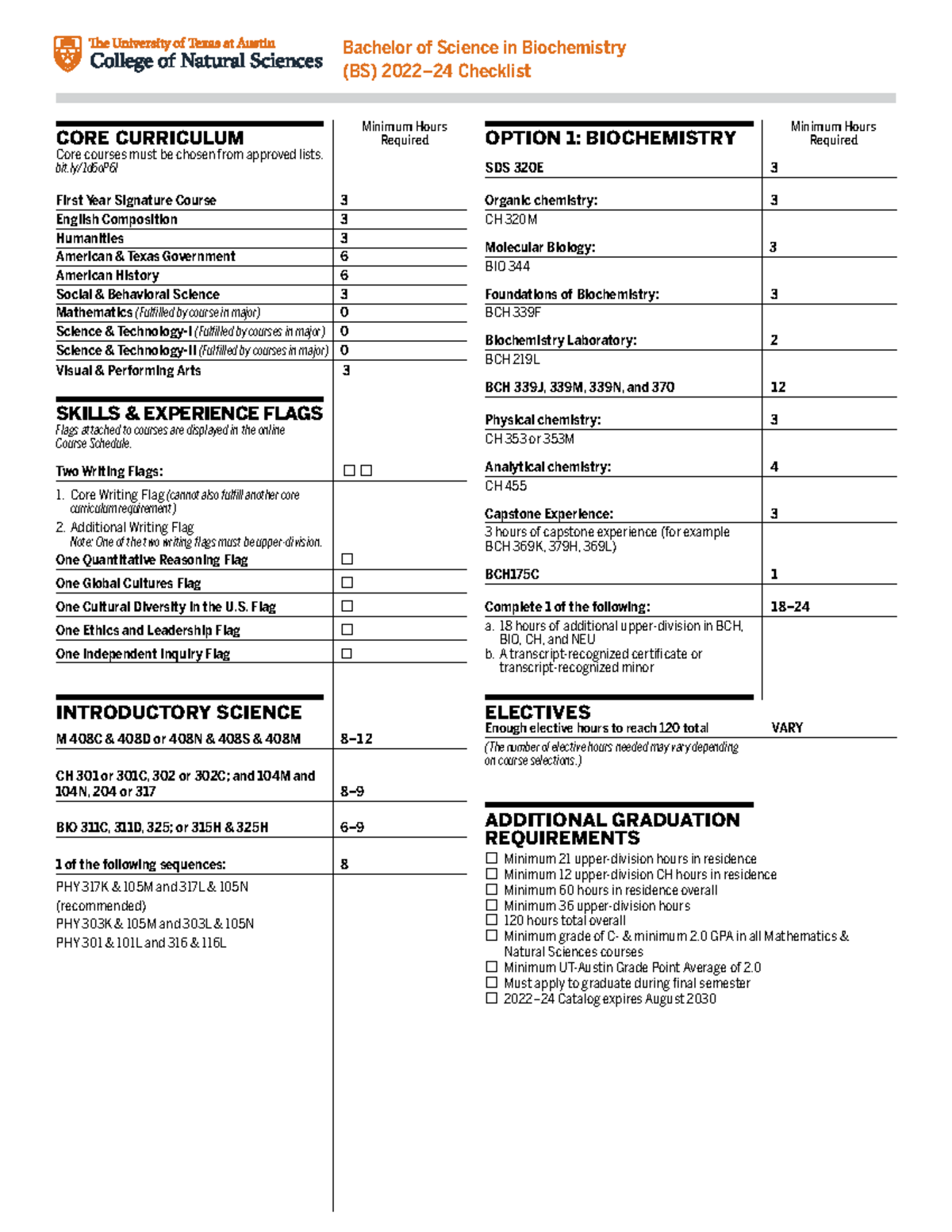Bs biochem checklist - CORE CURRICULUM Core courses must be chosen from ...