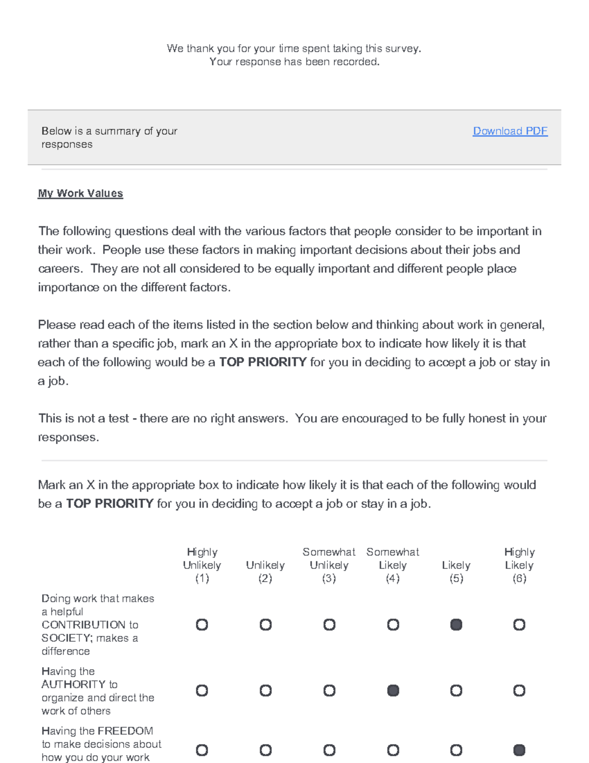 Myworkvalueservey - the survey - Below is a summary of your responses Download PDF We thank you ...