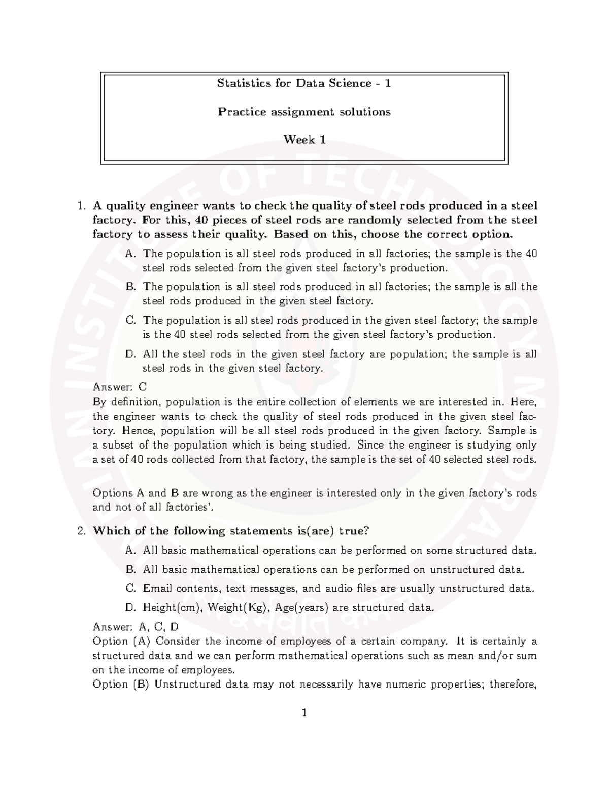 Bscma 1002 Week1 Assignment Solution - Statistics for Data Science - 1 Practice assignment ...