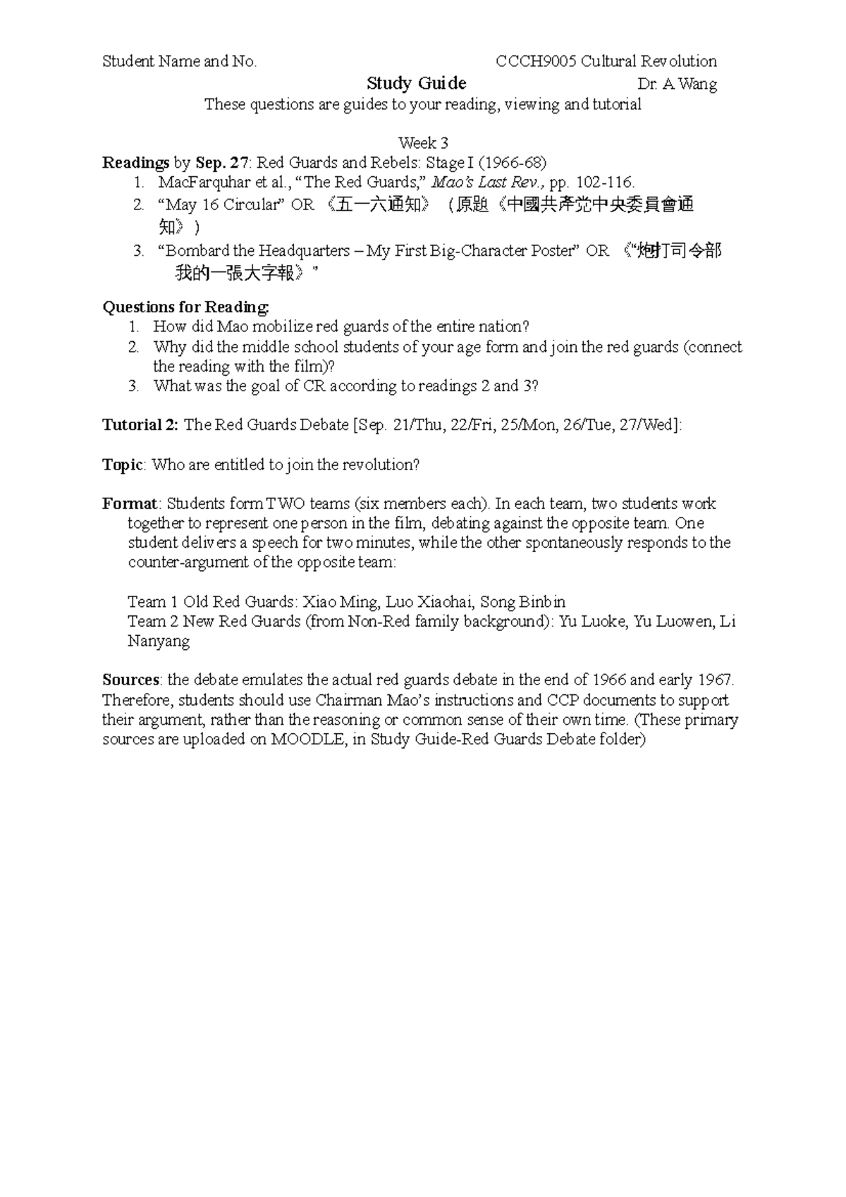 Tutorial Study Guide 3 - Student Name and No. CCCH9005 Cultural ...
