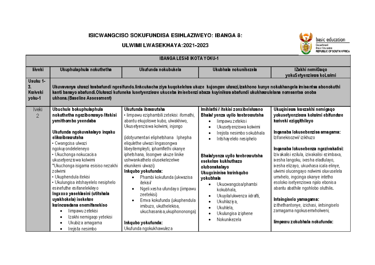 Grade 8 Isixhosa HL TERM 1-4 ATP 2021 - ISICWANGCISO SOKUFUNDISA ...