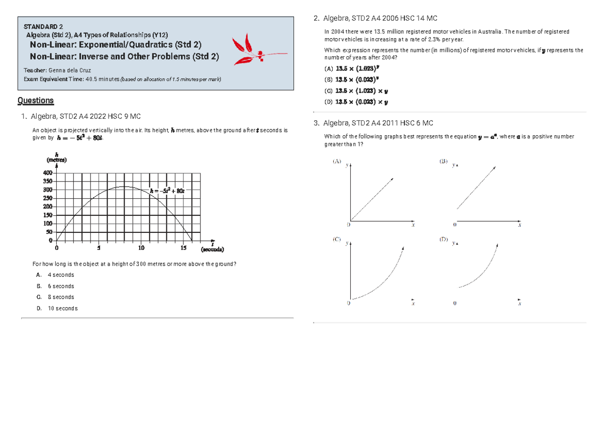 Yr 12 Topic Test Non Linear Relationships - 1. Algebra, STD2 A4 2022 ...