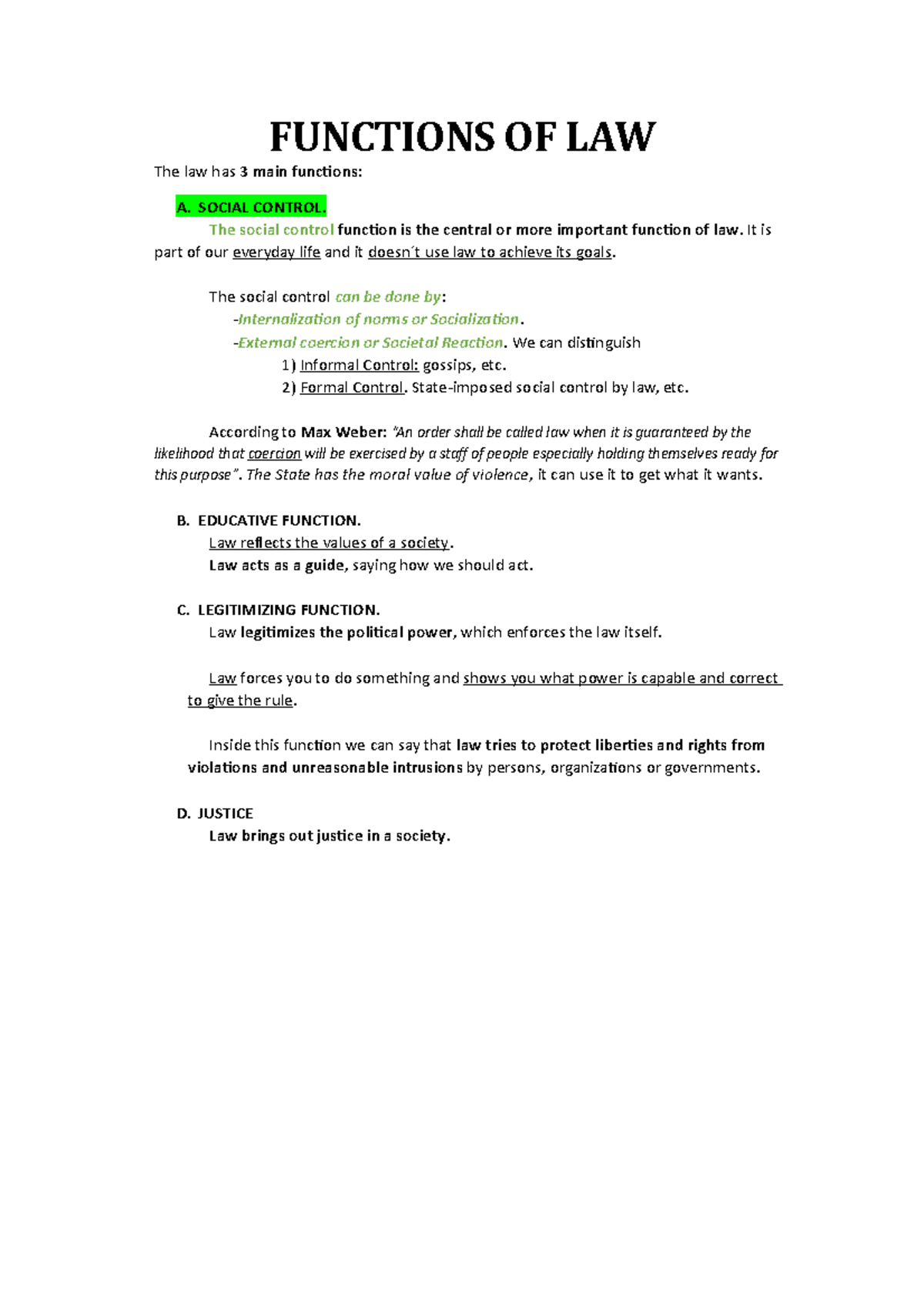 Functions of law - Notes during lessons - FUNCTIONS OF LAW The law has ...