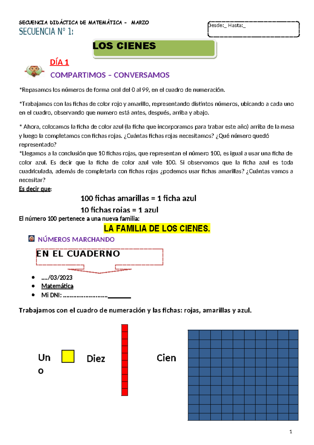Secuencia Matematica n°1 los cienes - Desde:_ Hasta:_ LOS CIENES EN EL ...
