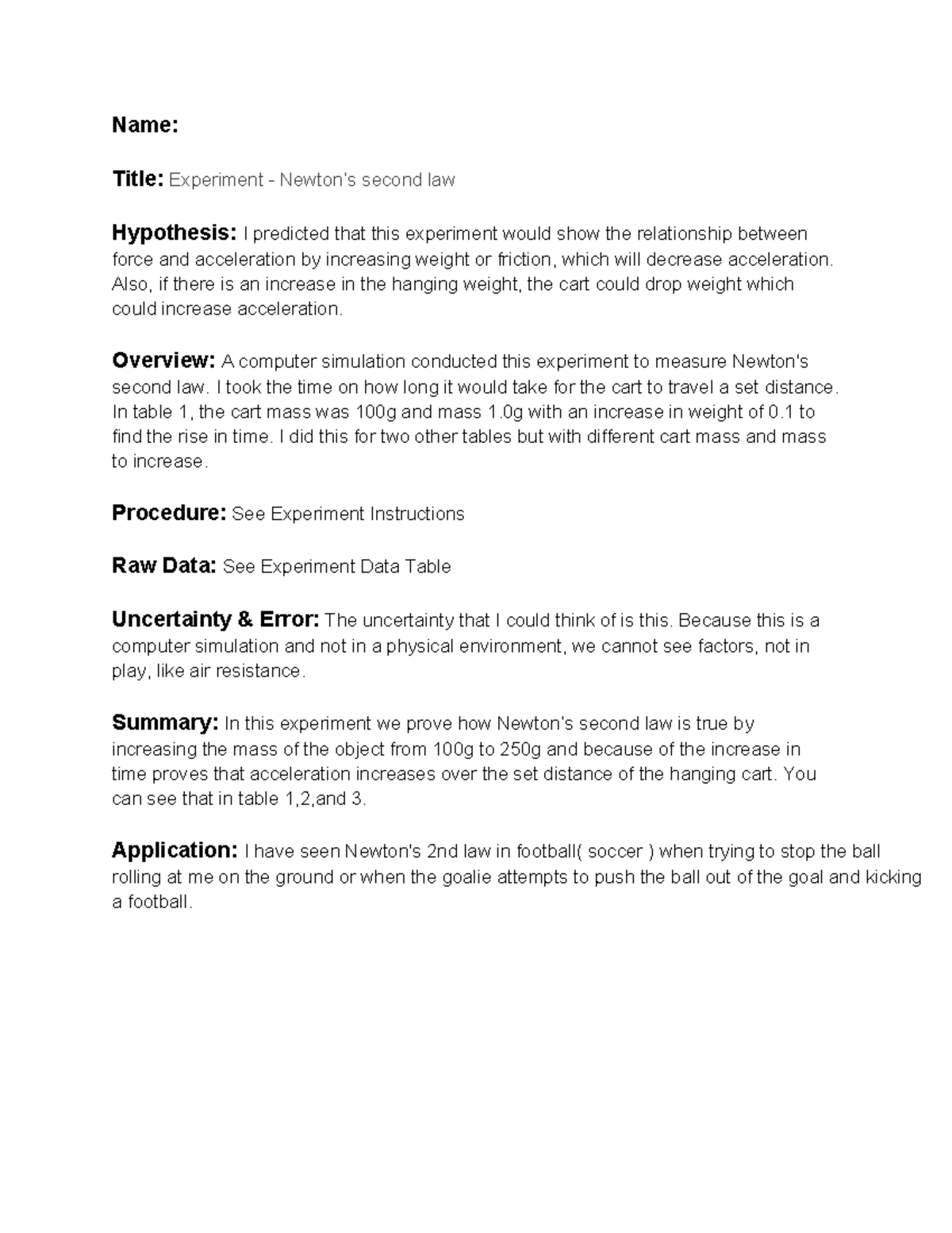 Module 2 - Experiment - Newton’s second law - Name: Title: Experiment - Newtonís second law ...