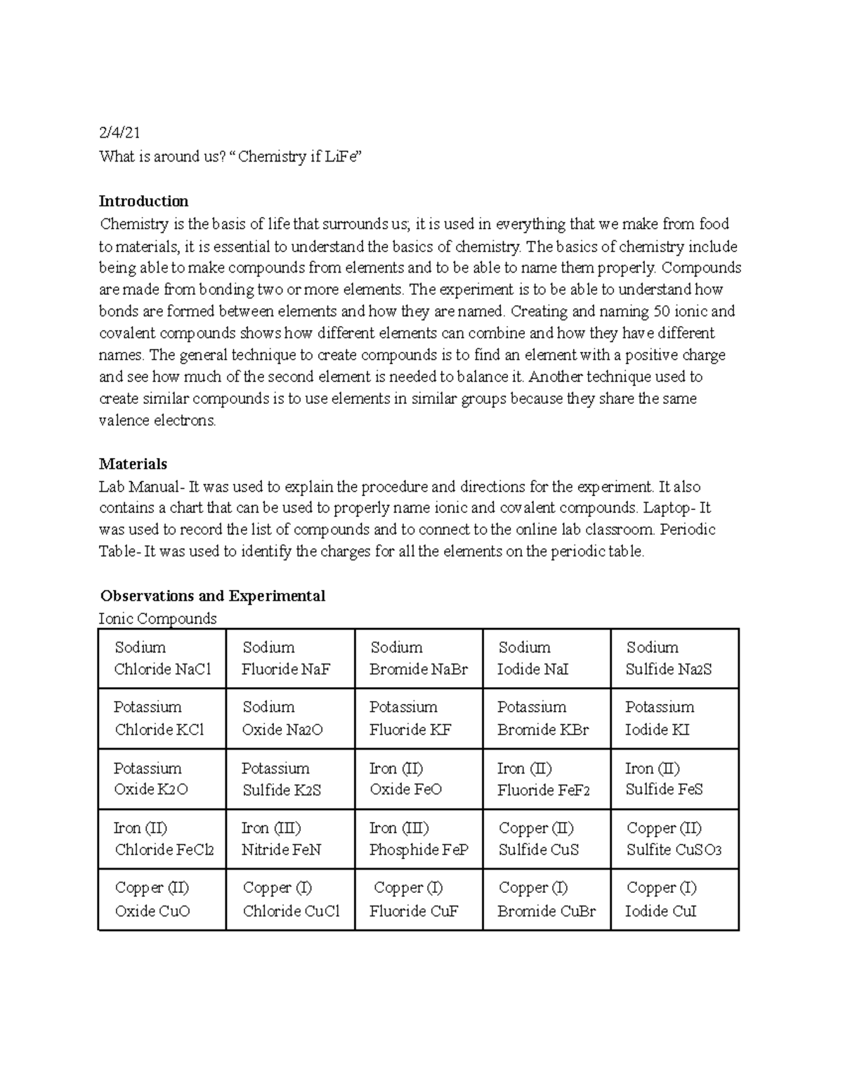 Lab Report 1 - 2/4/ What is around us? “Chemistry if LiFe” Introduction ...