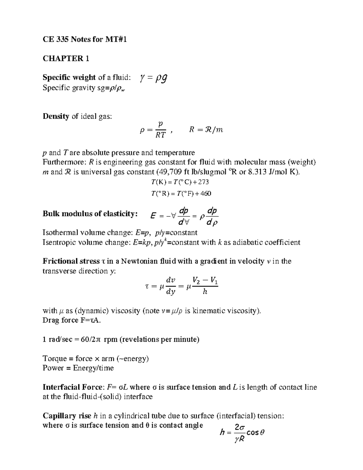 Formula Sheet MT#1-2012 - CE 335 Notes for MT# CHAPTER 1 Specific ...