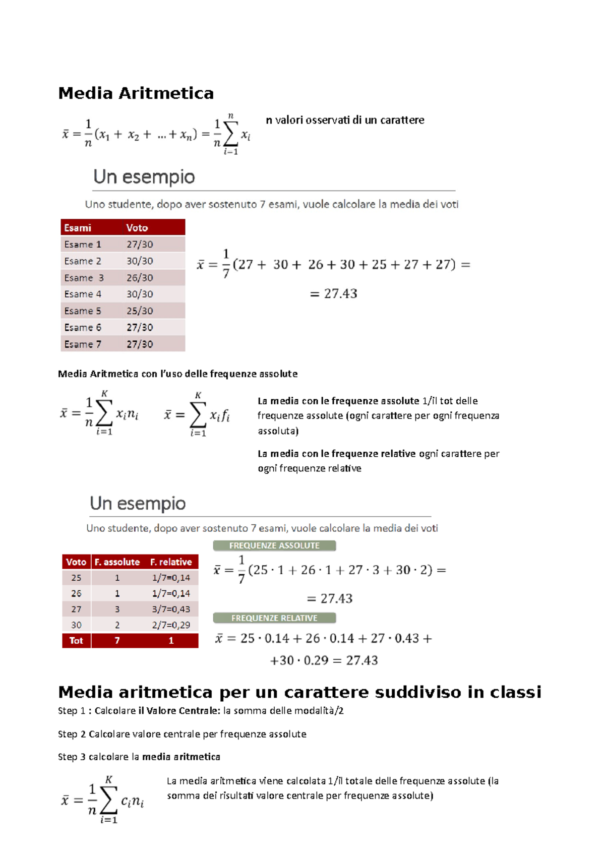 Indici di posizione formule - Media Aritmetica Media Aritmetica con l ...