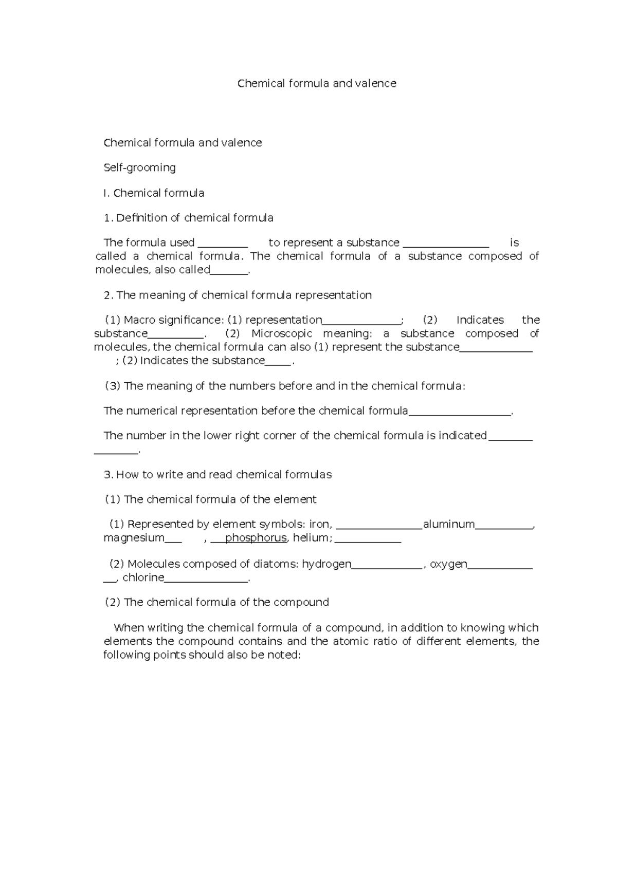 Chemical formula and valence CH102 - Chemical formula and valence ...