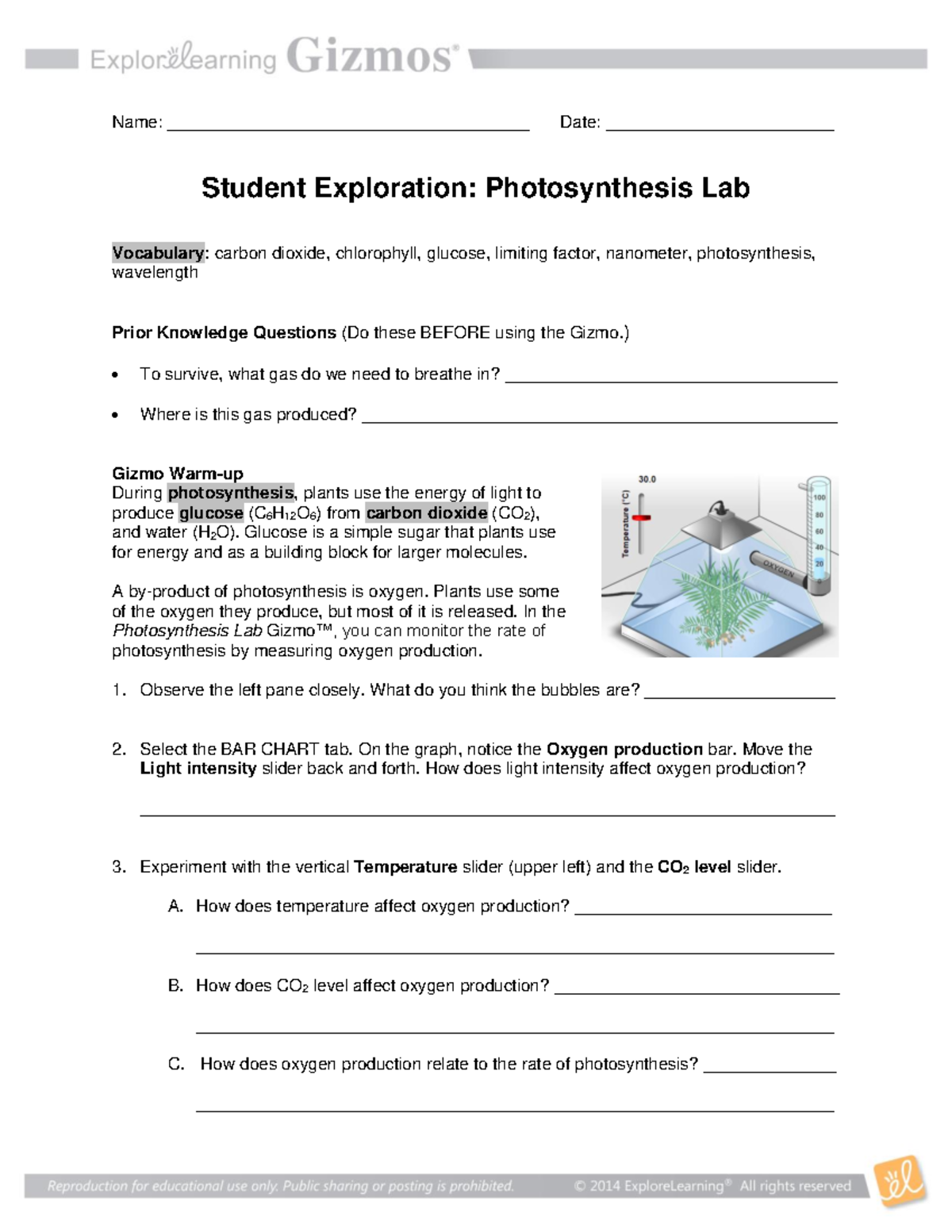 Photosynthesis Gizmo - keep up the good work - Name