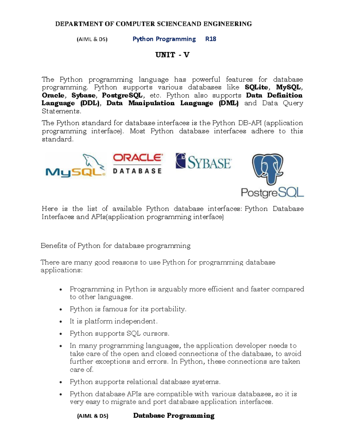 UNIT-V data programming - (AIML & DS) Python Programming R UNIT - V The ...